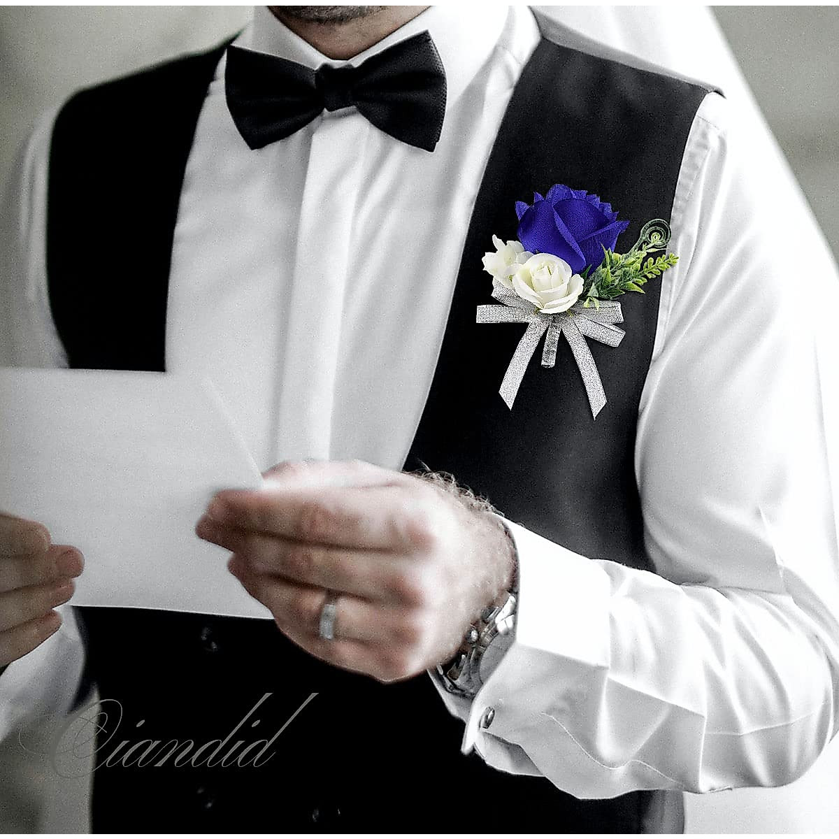 Ciandid Royal Blue Rose Wrist Corsage and Boutonniere set for Wedding, 3PCS Groom Groomsman Boutonnieres & 3PCS Bride Bridesmaid Wrist Corsages Wristlet Bracelet Flower for Wedding Ceremony Prom Party