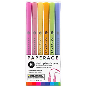 PAPERAGE Dual Tip Brush Pens (4.0mm Brush Tip + 0.5mm Fine Tip), Pastel, 6 Pack Dual Tip Brush Pen Set for Drawing, Hand-Lettering, Calligraphy, Journaling and More