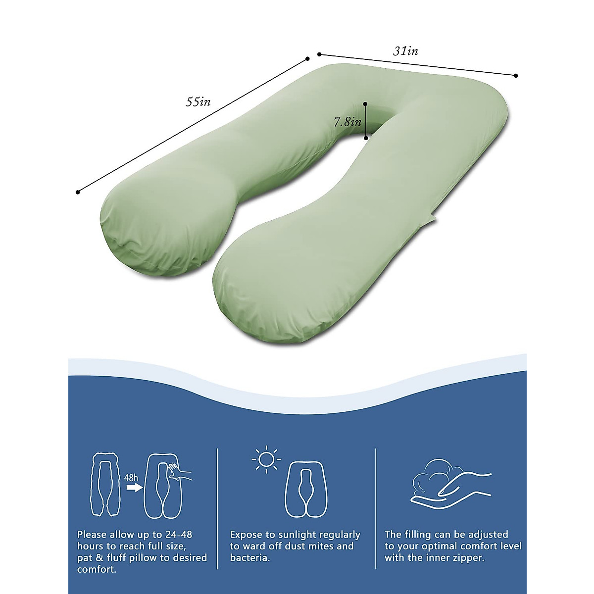 AngQi Pregnancy Pillow, U Shaped Pregnancy Body Pillow, Pregnancy Pillows for Sleeping with Cooling Cotton Zipper Removable Cover (Pale Green)