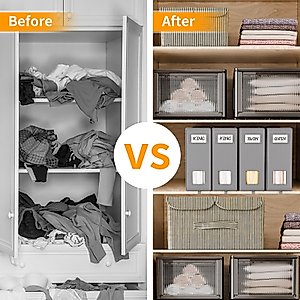 Fixwal 6 Pack Bed Sheet Organizers and Storage Foldable Box for Linen Closet, (Queen & King Size) Bedding Set Containers for Blanket Comforter Pillow Cube with Window and Label, Gray