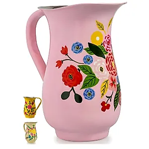 Hand Painted Stainless Steel Water Pitcher - Large Metal Water Jug, for Cold Drinks, Floral Design Beverage Carafe for Entertaining & Home Decor. 8” height, 1 Quart Decorative Vase. (Pink)