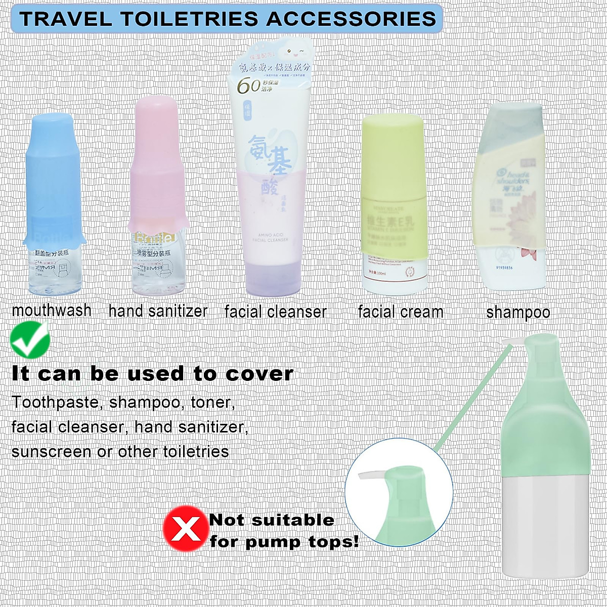 NELSHP Travel Bottle Covers,8 Pack Silicone Travel Size Container Sleeves,Stretching Travel Accessories for Shampoo Lotion Conditioner Wash Body Bottles(Blue/Black/White/Pink)