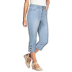 Woman Within Women's Plus Size Perfect Denim Capri with Button Trim - 22 W, Light Wash Blue