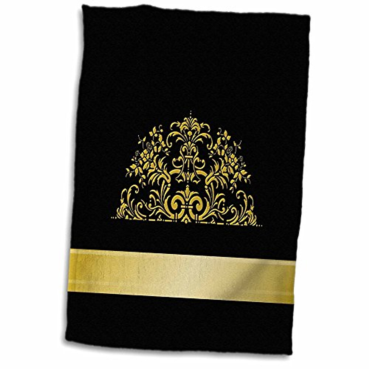 3D Rose Stylish Faux Gold Effect Art Nouveau Floral On Black Background Hand Towel, 15" x 22", Multicolor
