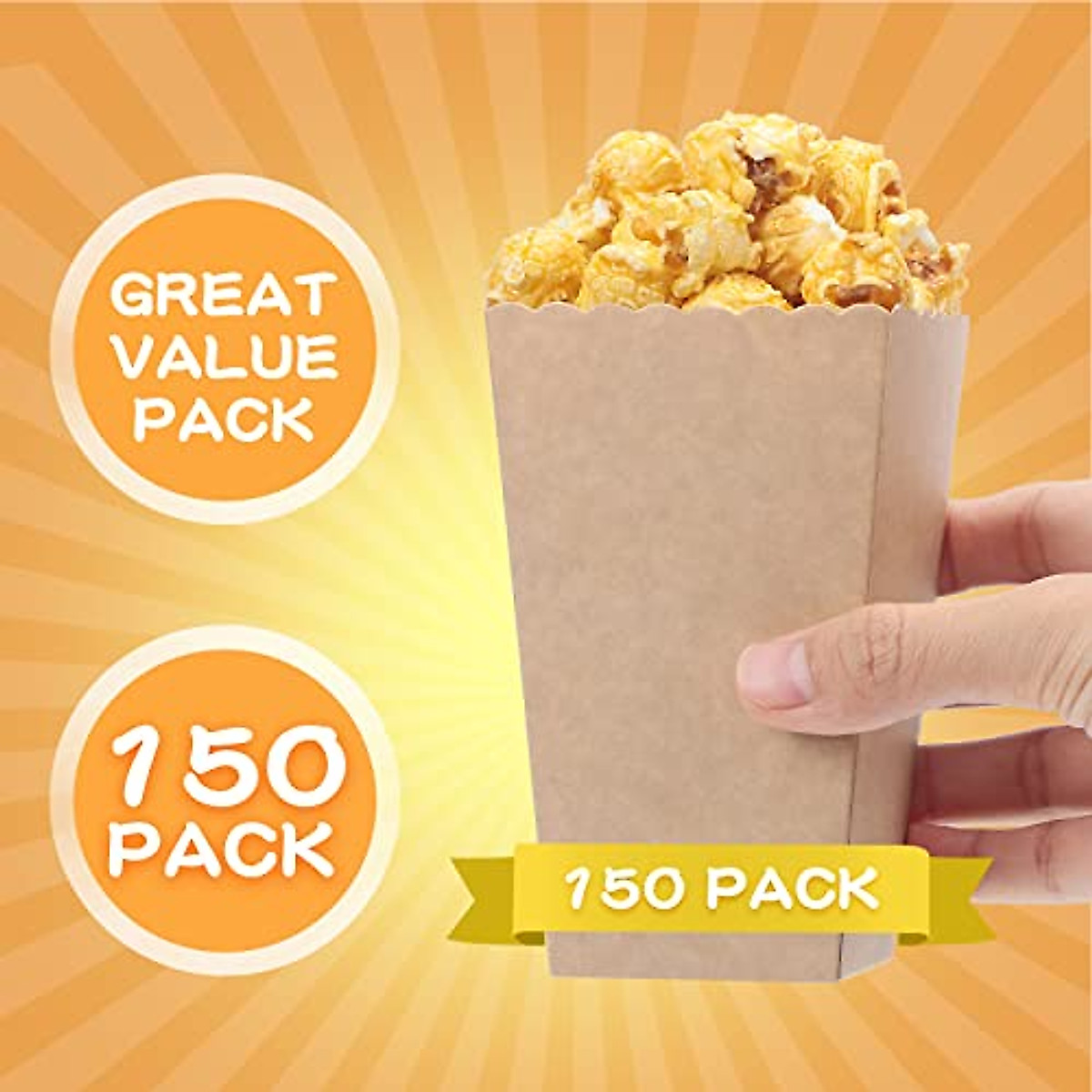 Potchen 150 Pcs Popcorn Boxes Paper Bags Bulk 4.57 Inch Tall, Cardboard Cups Container Buckets for Movie Theater Carnival Birthday Party Supplies Candy Snacks Chips Holders (Kraft Style), yellow
