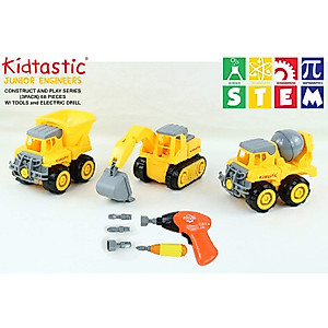 Kidtastic 3 Pack Construction Vehicles Trucks Toys Set, Take Apart STEM Learning Toy with Excavator, Dump Truck, Bulldozer, Tools and Drill Fun Educational Toy for Toddler, Girls and Boys
