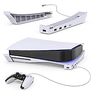 Horizontal Stand for PS5 Console with 4-Port USB Hub,MENEEA Upgraded Base Skate Holder Accessories for Playstation 5 Disc & Digital Edition,3 Charging Port Extension &1 USB 2.0 Data Port