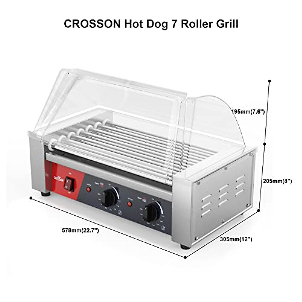 CROSSON Hot Dog 7 Roller Grill Cooker Machine with Transparent Sneeze Guard,7 Nonstick 304SS Rollers and Dual Temp Control,Commercial Hot Dog Cooker Machine-120V, 830W