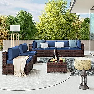 Amopatio Patio Furniture Set 7 Pieces Patio Conversation Set Outdoor Sectional Wicker Rattan Sofa with All-Weather Cover, Patio Furniture with Pillows Fits Porch Garden Backyard Balcony (Navy)