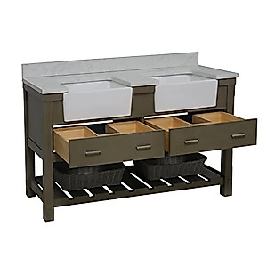 Kitchen Bath Collection Charlotte 60-inch Double Farmhouse Vanity (Engineered Carrara/Weathered Gray): Includes Weatherd Gray Cabinet with Engineered Carrara Countertop and White Ceramic Apron Sinks