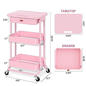 TOOLF Rolling Storage Cart with Drawer & Table Top, 3 Tier Metal Rolling Utility Cart, Rolling Cart Organizer for Teacher Craft Baby Nursery, Utility Cart for Kitchen Bathroom Bedside Office(Pink)