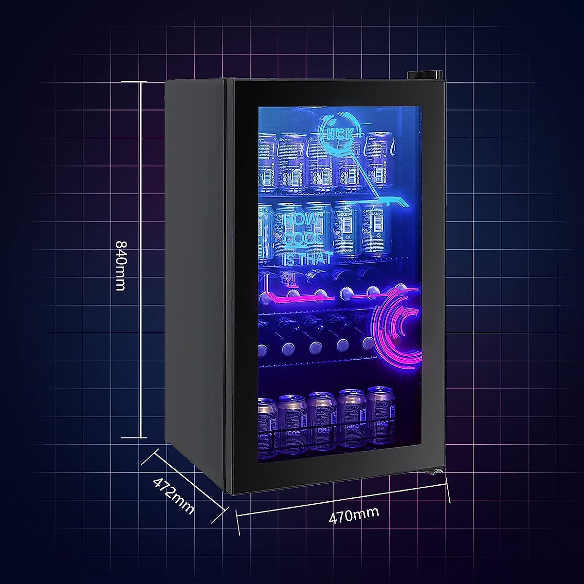 HCK Beverage Fridge, Small Bottle Fridge with Cyberpunk Modern Lighting, Mini Fridge 0-10 °C, Beer Fridge 3.5 cu.ft., For Gaming Room, Party, Black