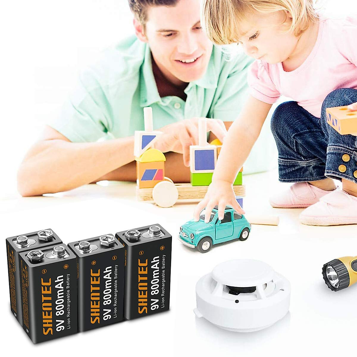 Shentec 9V Rechargeable Lithium Batteries, 800mAh Low Self-Discharge Square 9 Volt LithiumBattery for Alarms, Wireless Microphones, Smoke Detectors, Toys, Flashlights and More(4-Pack)