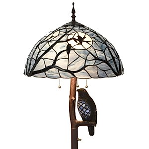 Bieye L10882 Ravens Sitting on Bare Tree Branch Against Full Moon Tiffany Style Stained Glass Floor Lamp with Raven Night Light Double Lit for Halloween Décor, 4-Light, 65 inches Tall (Dark Blue)