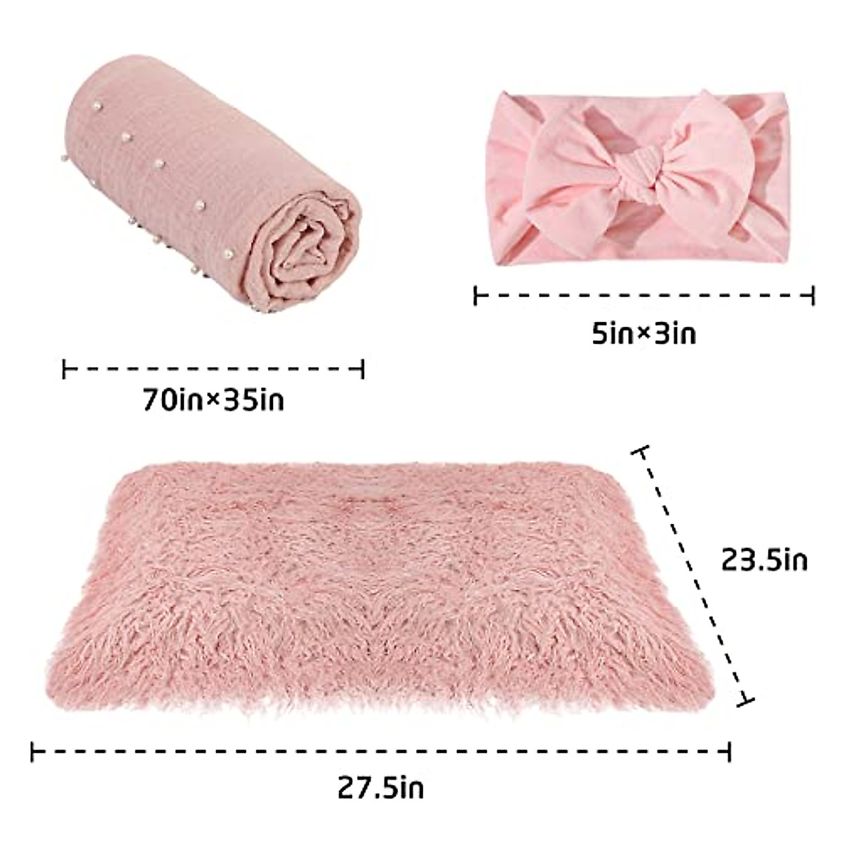 3PCS Newborn Baby Photography Props Soft Faux Fur Mat Basket Stuffer Rug Handmade Pearl Long Ripple Wrap Blanket with Headband Newborn Photo Shoot Props