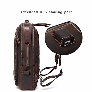 LANNSYNE Men's Full Grain Leather Expandable 15.6 Laptop Backpack Tote Shoulder Travel Bag Rucksack