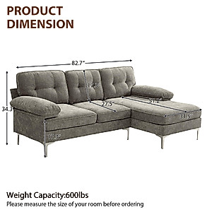 YuuYee 82" Chenille L Shaped Sectional Couches for Living Room, 3 Seater Comfy Modular Sofa with Chaise for Small Spaces,Mid Century Modern,Deep Seat,Grey