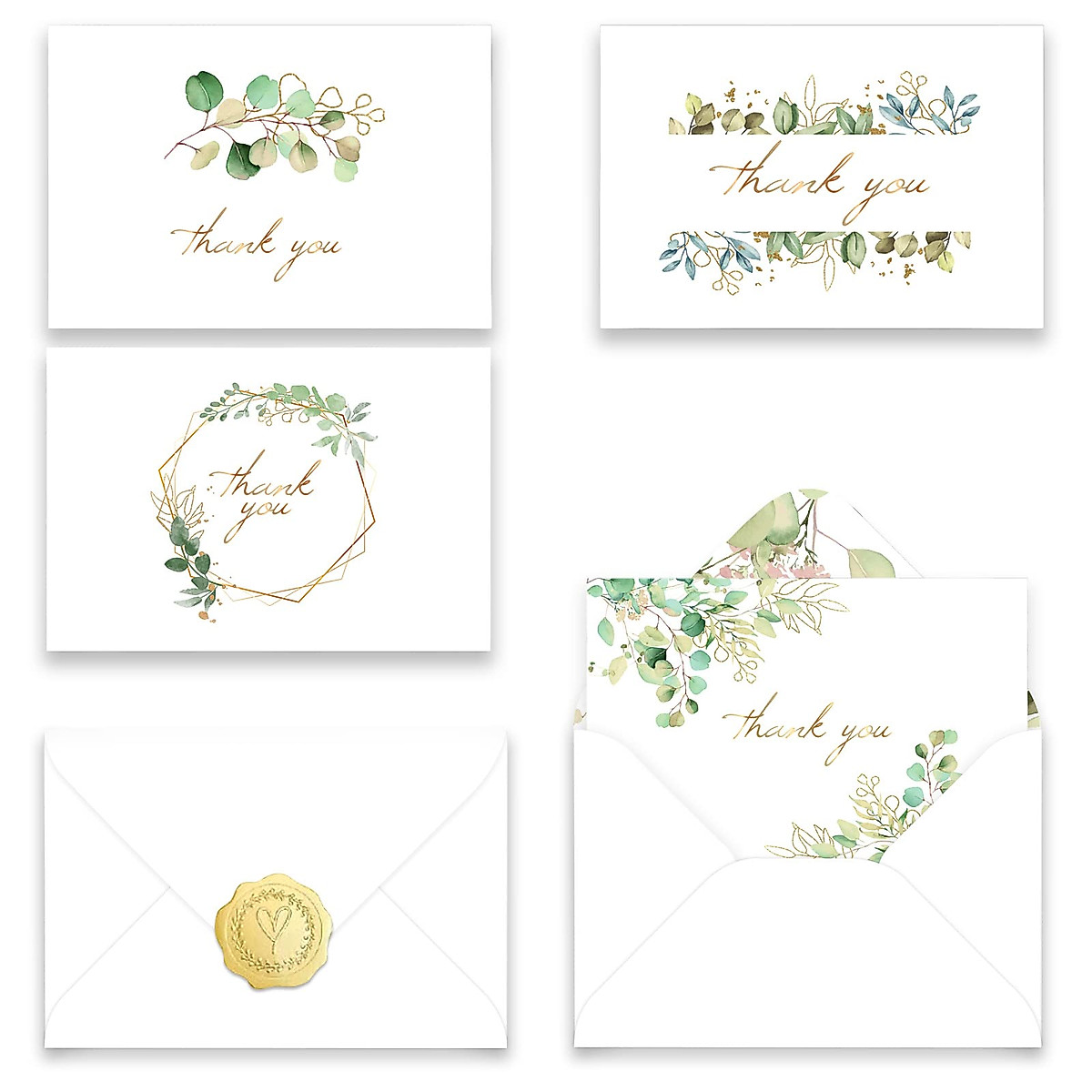 WLIEYEE 48 Pack Thank You Cards with Envelopes and Stickers, 6x4 Inch Watercolor Greenery Gold Foil Design Thank You Blank Notes for Engagement, Bridal Shower, Business, Funeral Wedding, Baby Shower, Graduation (Greenery-gold)