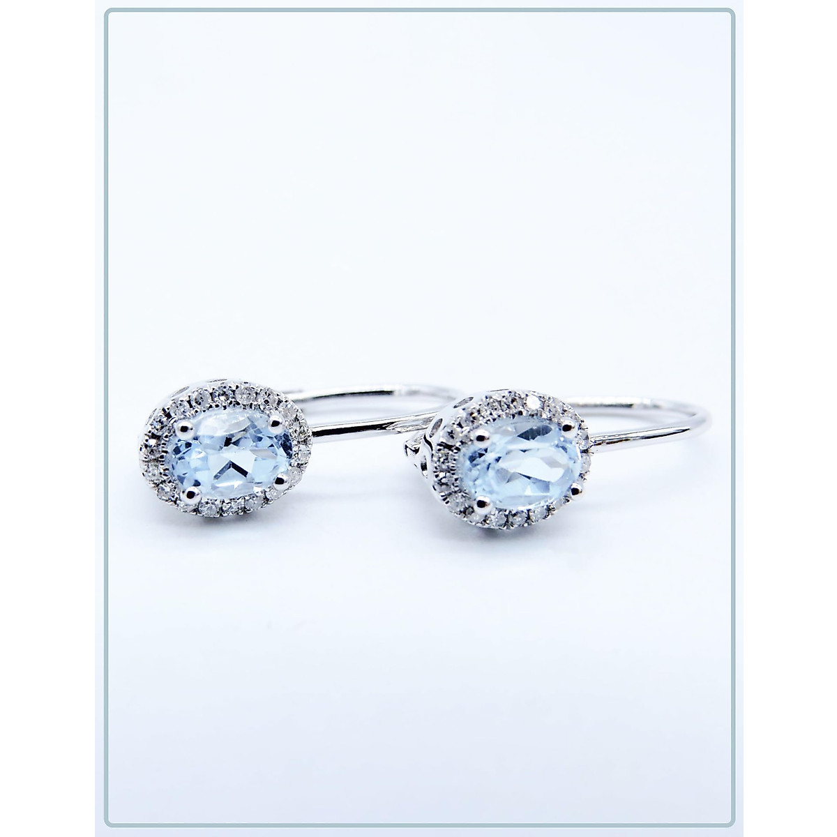 Dazzlingrock Collection 10K 6X4 MM Each Oval Cut Aquamarine & Round Cut Diamond Ladies Dangling Earrings, White Gold