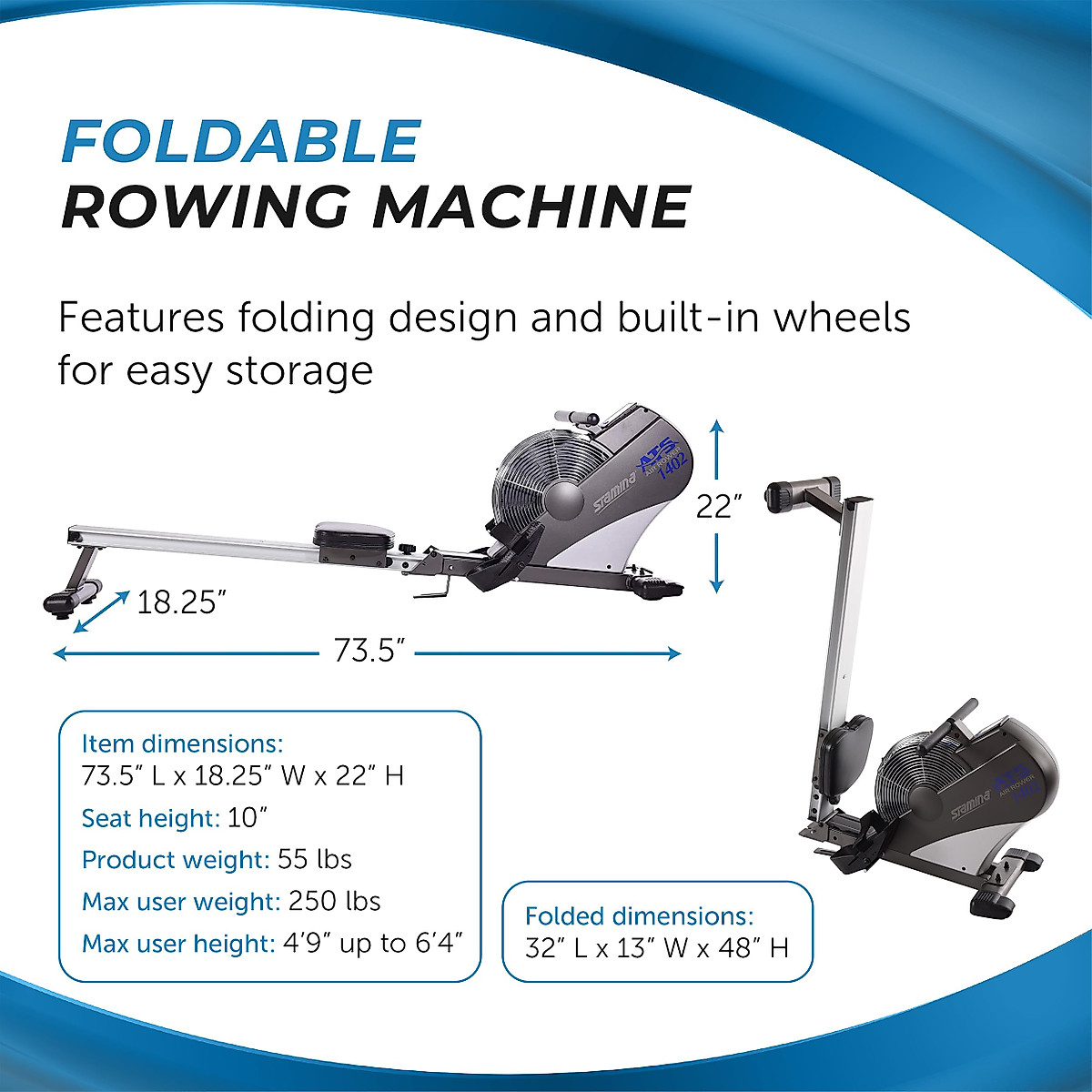 Stamina ATS Air Rower, Grey - Smart Workout App, No Subscription Required - Foldable Rowing Machine for Home Use