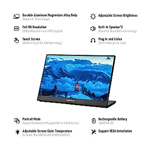 Geekplus Touch Monitor Portable Touchscreen Slim Mini Monitor with Battery Kickstand Speakers Laptop Monitor, External Monitor 15.6 Inch Computer Display 1080P Screen HDMI USB C Gaming Travel Monitor