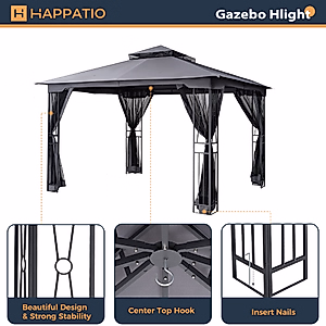 HAPPATIO 10' X 12' Patio Gazebo with Ventilation Double Roof，Outdoor Gazebo with Mosquito Netting for Lawn, Garden (Grey)