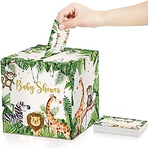 51 Pieces Woodland Baby Shower Card Box and Advice Cards, Diaper Raffle Game Box Tickets, Animals Safari Creatures Party Decorations for Baby Shower, Birthday, Gender Reveal (Jungle Animal Theme)