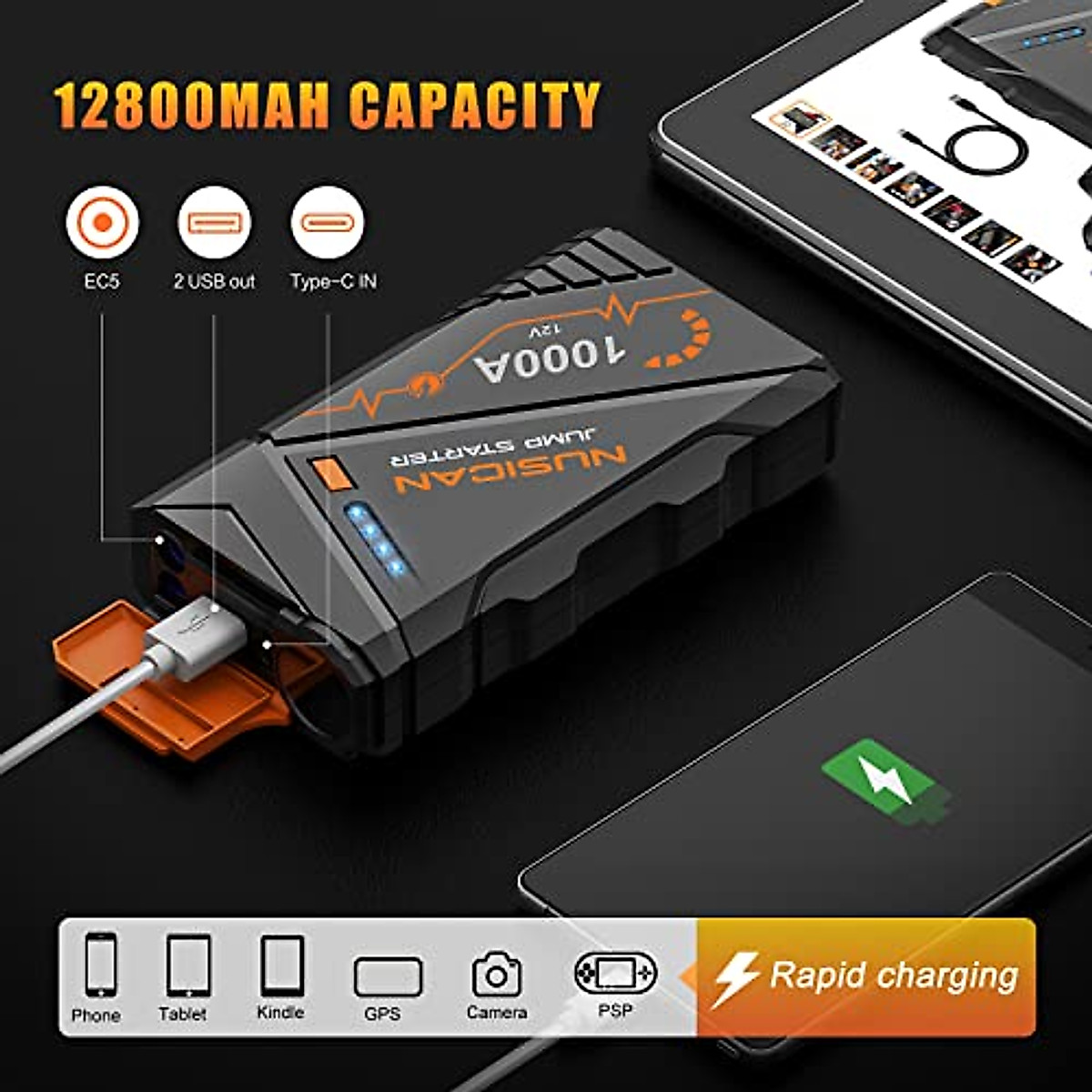 NUSICAN Car Jump Starter Portable, 1000A Peak Battery Charger Jumper Starter for up to 7L Gas or 5.5L Diesel Engine, 12V 12800mAh Lithium Battery Booster Jump Box with Smart Clamp Cables, LED Light