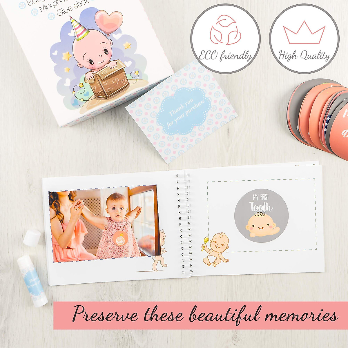 Baby Milestone Stickers Boy Girl - Premium Set of 30 Newborn Infant Monthly Growth Stickers - 1 Photo Album Memory Registry Cute Baby Shower Gift Birthday- Baby Memory Book with Keepsake Box for Mommy