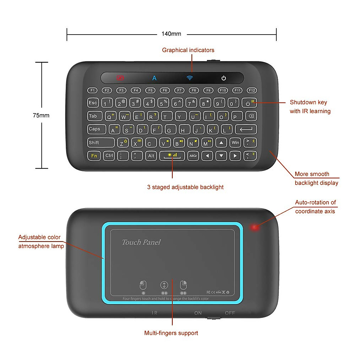 Dupad story H20 Mini Wireless Keyboard with Touchpad, Full Size Touchpad, Handheld IR Remote Keyboard for Android TV Box, Windows PC, HTPC, IPTV, PC, Raspberry Pi