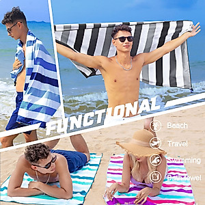 Exclusivo Mezcla Large Microfiber Quick Dry Beach Towel, Lightweight Sand-Free Cabana Stripe Pool Travel Camping Towel with Bag (Blue, 30x60 Inches)