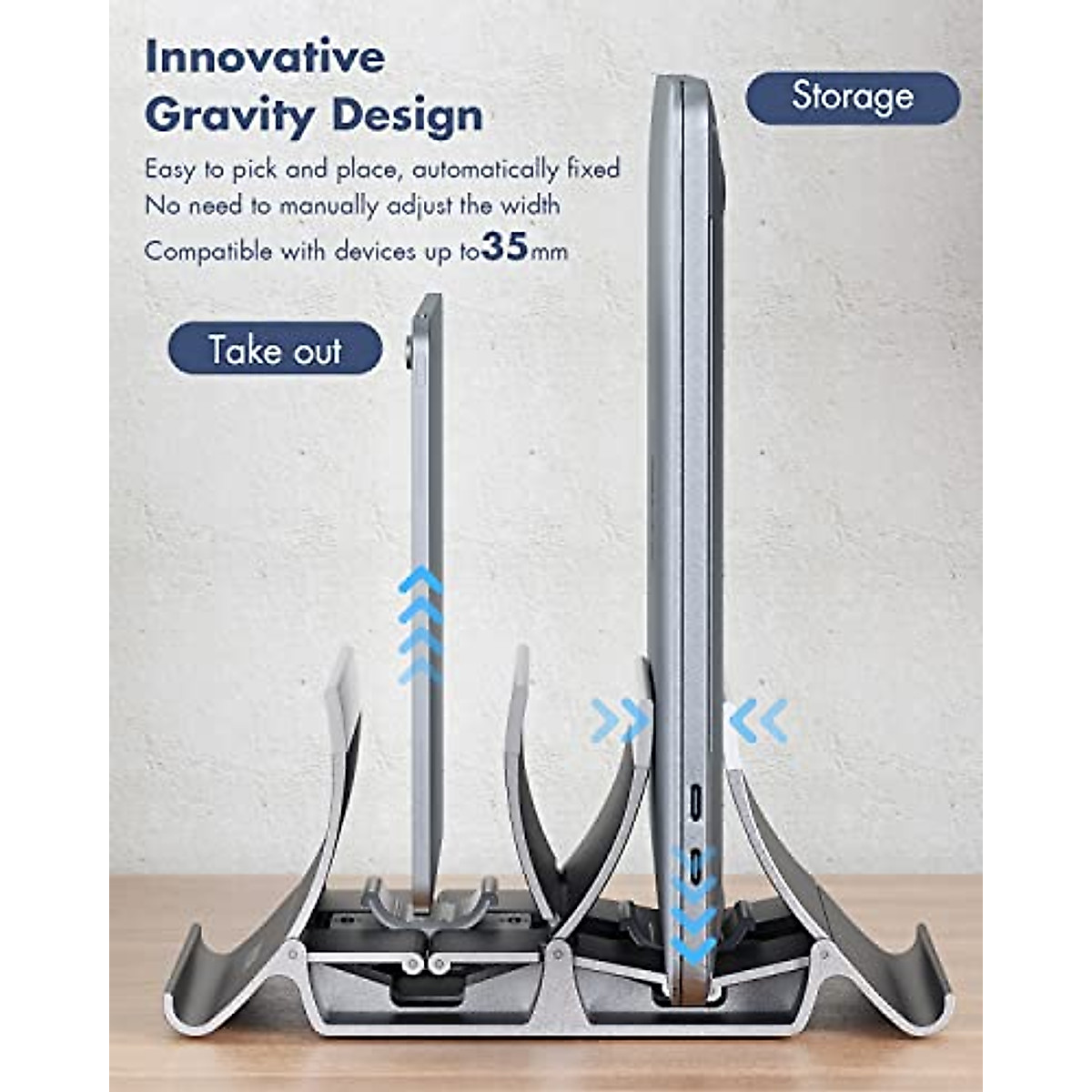 HEYZONE Vertical Laptop Stand, Dual Laptop Holder MacBook Vertical Stand,4 in 1 Gravity Laptop Dock Stand Auto Locking,Fits iPad/Surface/Chromebook/Gaming Laptops(Up to 17") (ABS Space Gray)