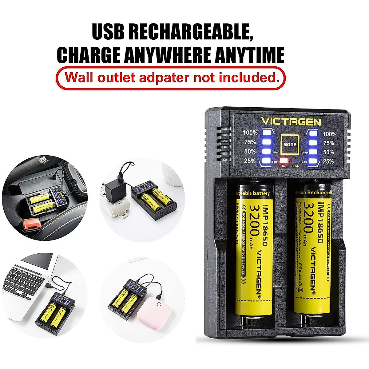 VICTAGEN Rechargeable Battery Charger Set, Speedy Charging for Batteries 3.7V Lithium-ion 18650 18490 18350 17670 17500 16340(RCR123) 14500, 1.2V Ni-MH&Ni-Cd, AA, AAA Rechargeable Batteries