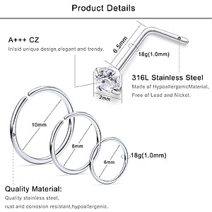 Lcolyoli 18g Nose Rings Studs L Shape Nose Ring Surgical Stainless Steel Nose Rings Hoop Diamond Heart Hypoallergenic Nostril Nose Piercing Jewelry for Women Men
