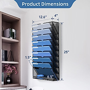 DALTACK Wall File Holder 10 Tier Hanging Wall File Organizer, for Papers Mails Folders Clipboard Magazine Organization, for Office Home, Mesh Metal, Black