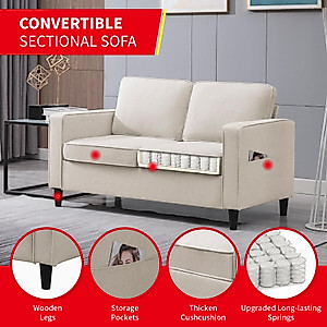 PUREMIND Loveseat Sofa, 54 inch Linen Fabric Small Couch, Modern Upholstered Love Seat Mini Couch with Armrest Pockets, 2 Seater Small Sofa for Small Spaces, Bedroom, Living Room, Office (Beige)