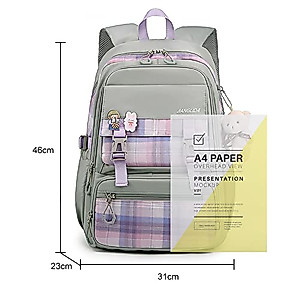 Aesthetic Backpack for School, Cute Girls Preppy Book Bag, Kawaii Large Capacity Middle School Plaid Backpack for Teenagers (Grey)