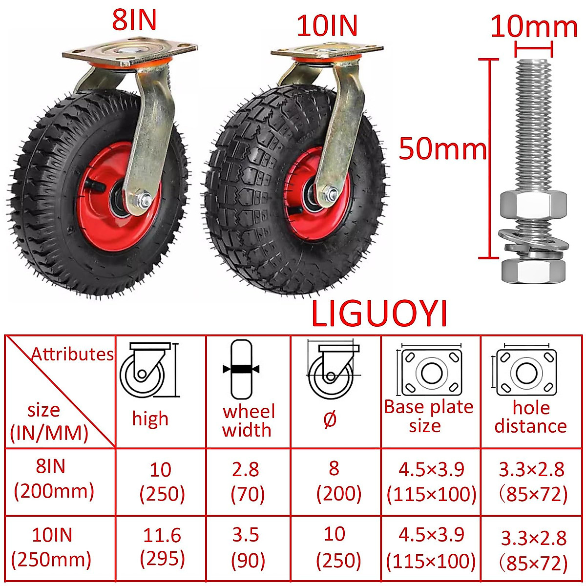 8/10-Inch Pneumatic Fixed Caster Wheel No Noise Swivel Castors with Brakes, 4pcs Wear-Resistant Replacement Foot Wheel, for Trolley Carts Furniture Dolly Workben