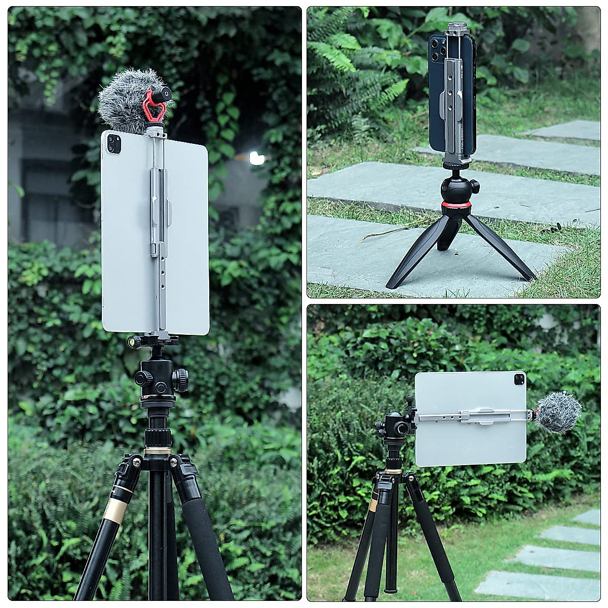 ARNARKOK Metal Tablet Tripod Mount, 7.9-12.9in Ipad Holder, Rotatable Cold Shoe, 2 Acra Swiss QR Bracket, Universal Tablet Mount for Video Recording