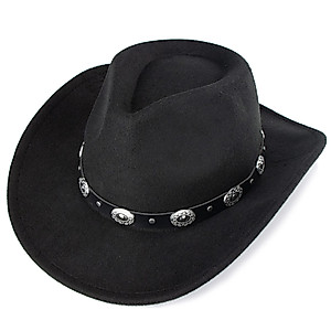 Women & Men Felt Western Cowboy Hat Classic Roll Up Brim Belt Buckle Cowgirl Fedora (M-L)