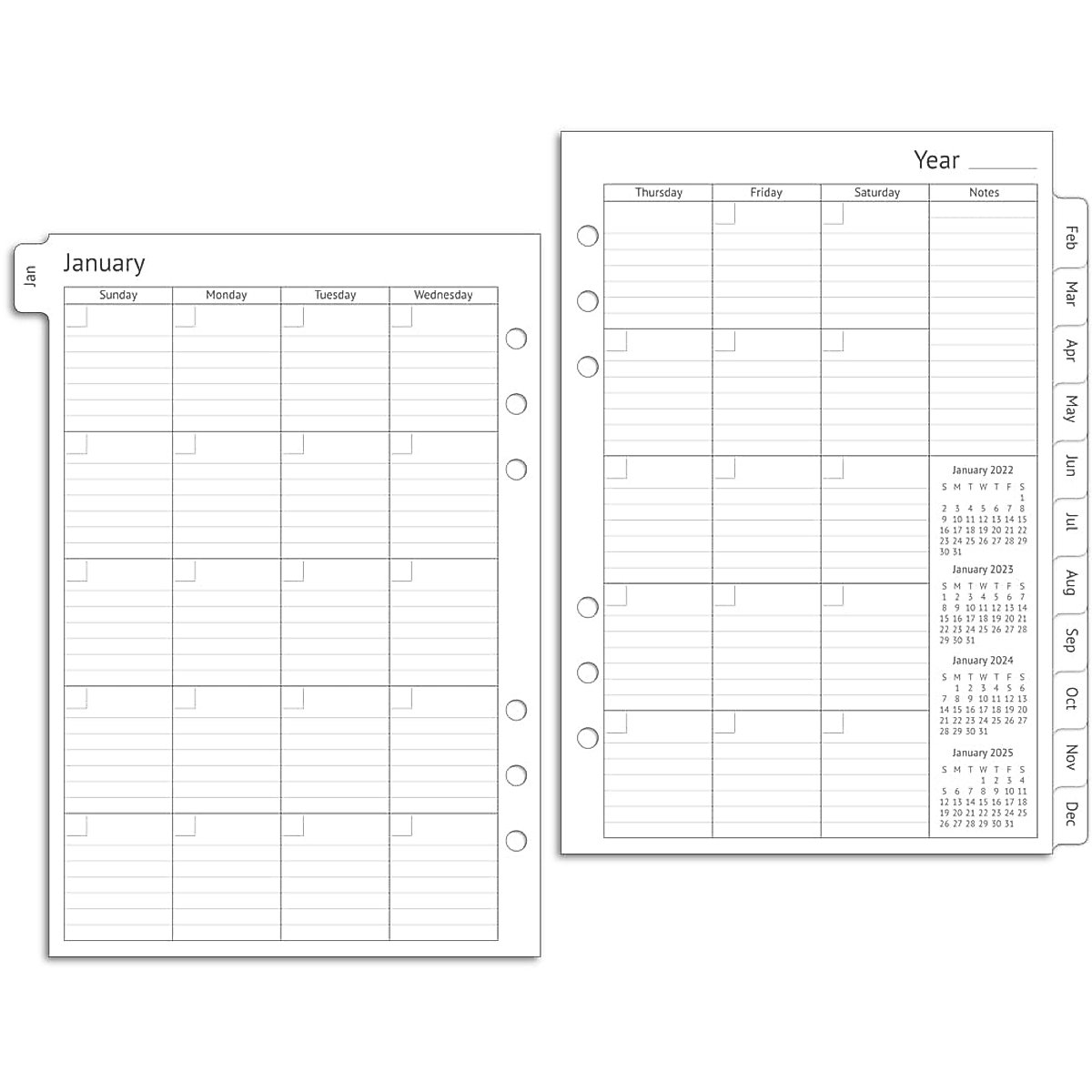A5 Planner Inserts, Undated Weekly Planner Refills with Coated Monthly Tabs, Daily Schedule, Note Pages, Start Any Time