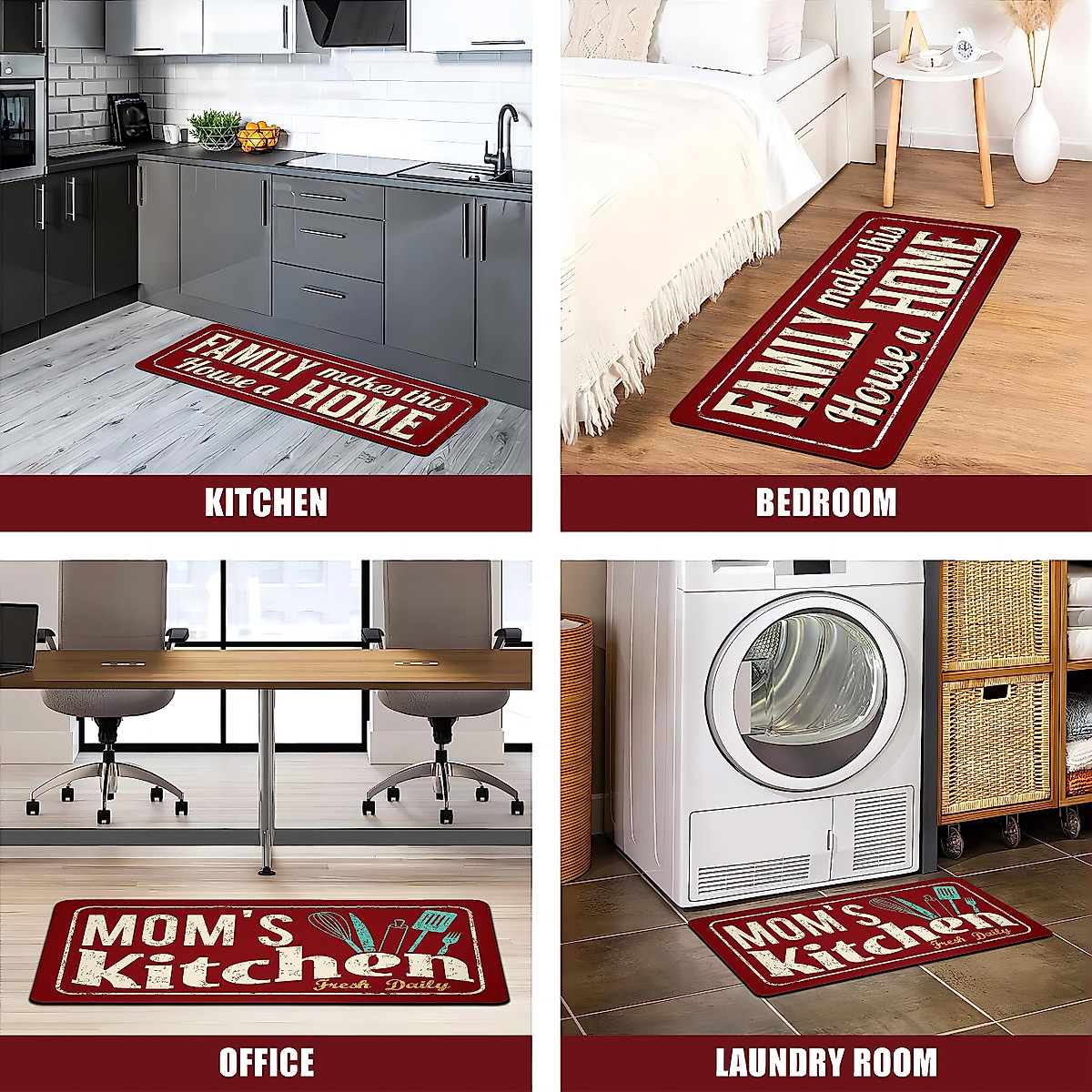 chiinvent Kitchen Mats for Floor Cushioned Anti Fatigue Mats for Kitchen Floor Red Kitchen Floor Mat Memory Foam Kitchen Rugs Sets of 2, 17.3x28 + 17.3x47, 0.4 inches