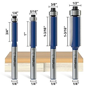 FivePears 4Pcs Flush Trim Router Bits Set 1/4 Inch Shank, Bottom Bearing Flush Cut Trim Router Bit for Woodworking, 1/4", 5/16", 3/8", 1/2" Diameter