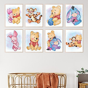 BigWig Prints Winnie the Pooh Nursery Decor - Winnie the Pooh Wall Art, Baby Nursery Wall Decor, Childrens Poster Prints for Classroom, Piglet Tigger Rabbit Eeyore Gifts - Unframed Set of 8 (8x10)
