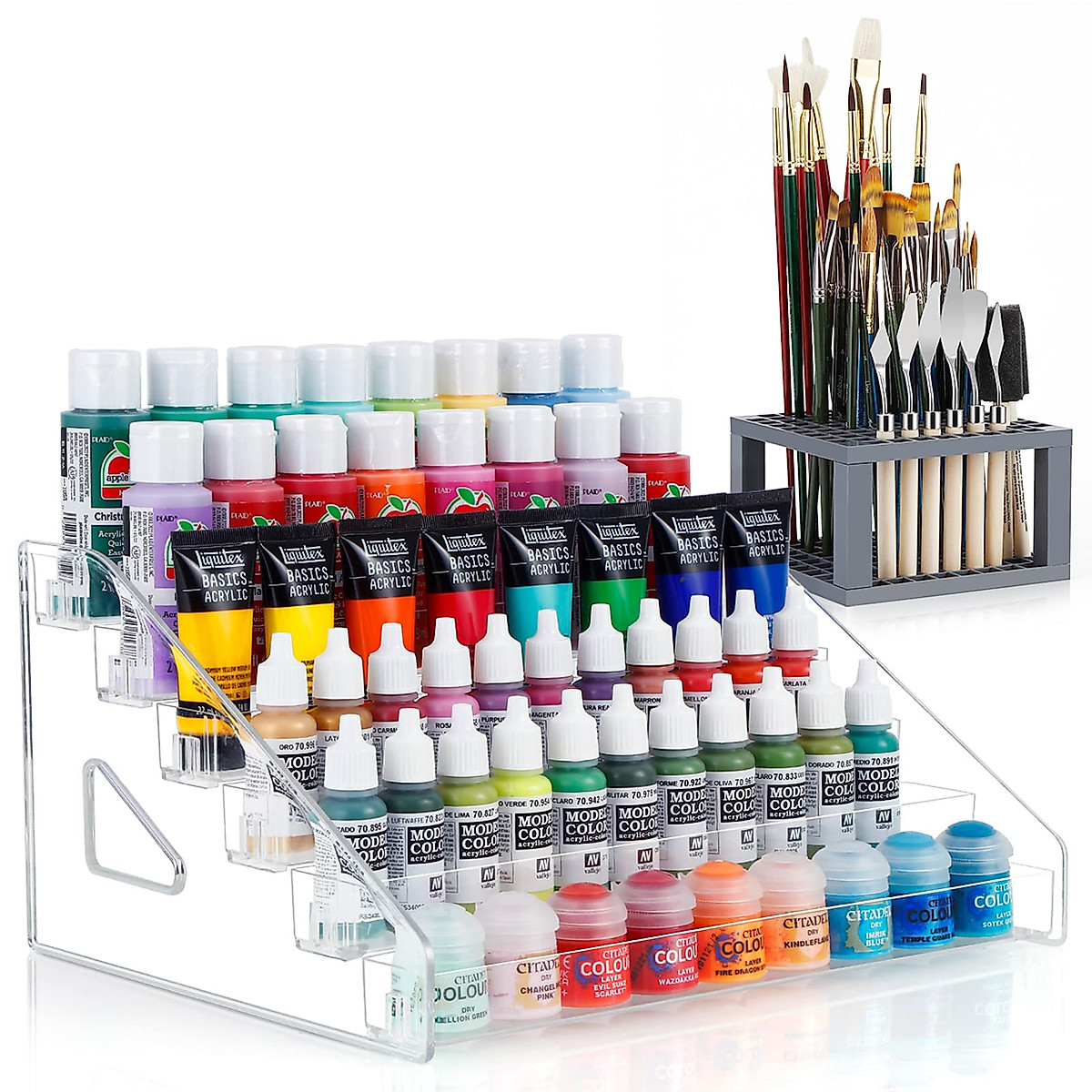 ARFETIGO 6 Layer Acrylic Paint Organizer&Paint Brush Holder Snap-on Design Easy Assembly Paint Storage Rack for Acrylic Craft Hobby Miniature Model Light Paint Can Storage (Grey)