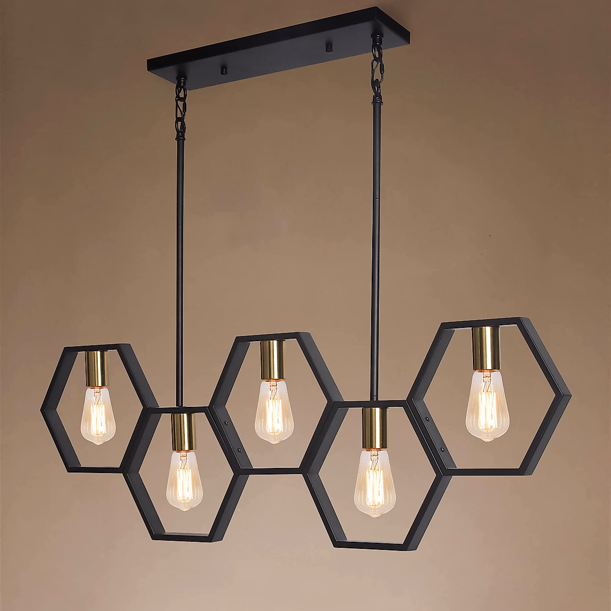 ACNKTZ 5-Light Dining Room Light Fixtures Over Table, Industrial Kitchen Island Lighting, Adjustable Height Hanging Rectangular Chandelier, Modern Pool Table Lights, Black/Gold Finish