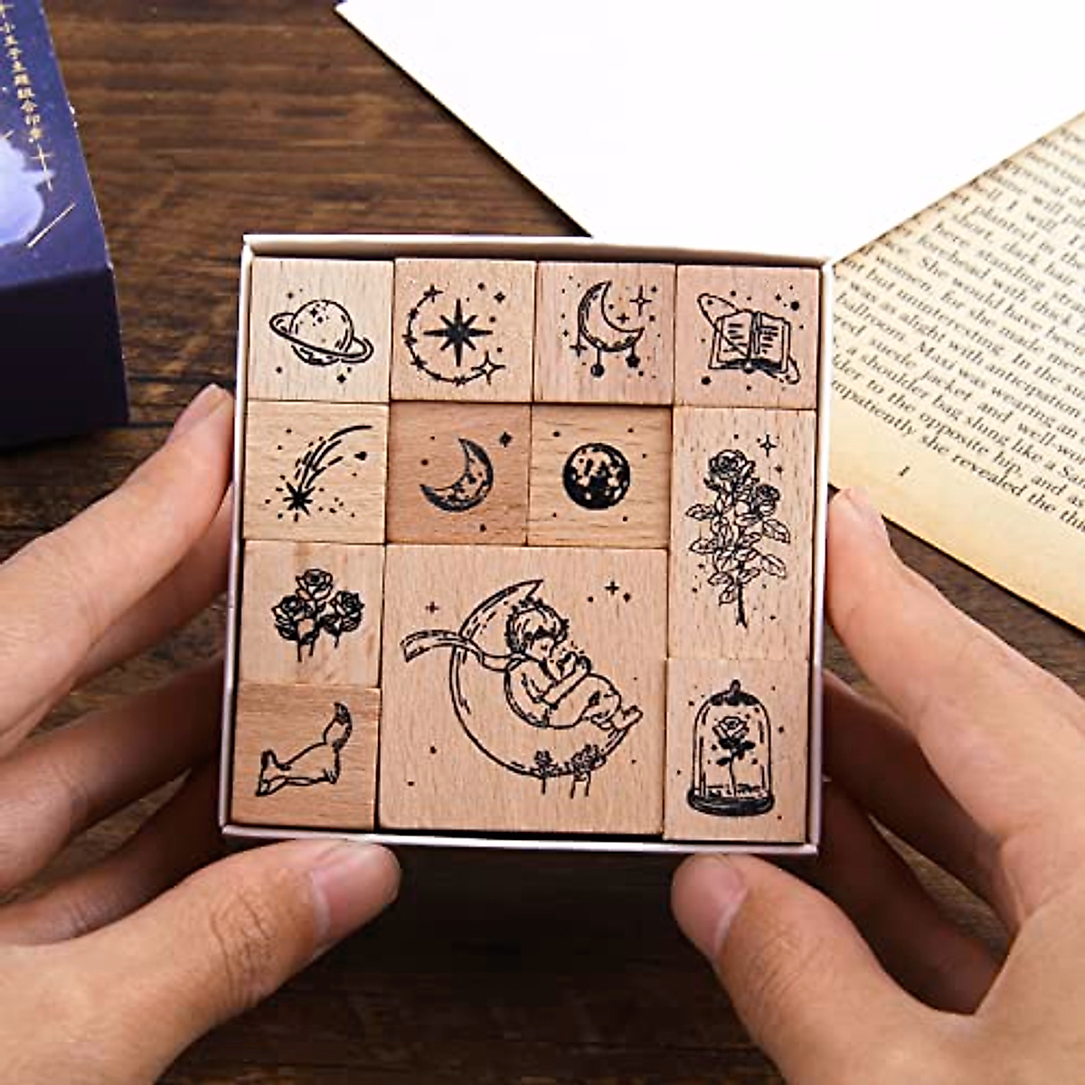 Dizdkizd 12 Pieces The Little Prince Rubber Stamp Set, Celestial Stamps Tiny Wooden Decorative Stamp for Scrapbooking, Journaling, Letters, Arts and Crafts