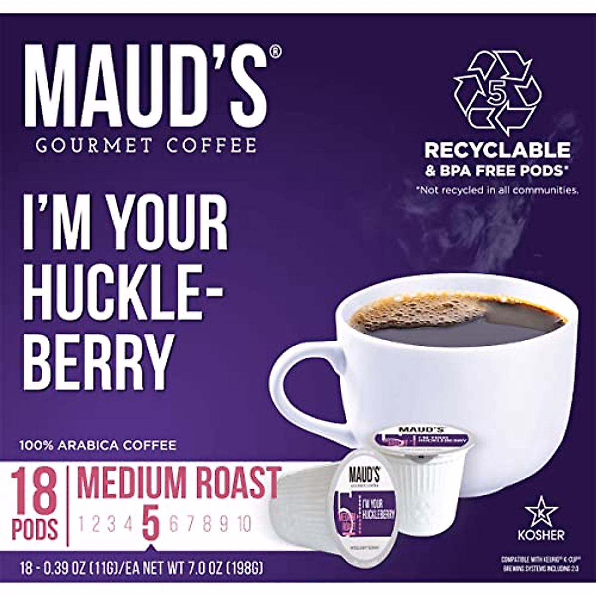 Maud's Huckleberry Coffee (I'm Your Huckleberry), 18ct. Solar Energy Produced Recyclable Single Serve Huckleberry Holiday Flavored Coffee Pods – 100% Arabica Coffee California Roasted, KCup Compatible