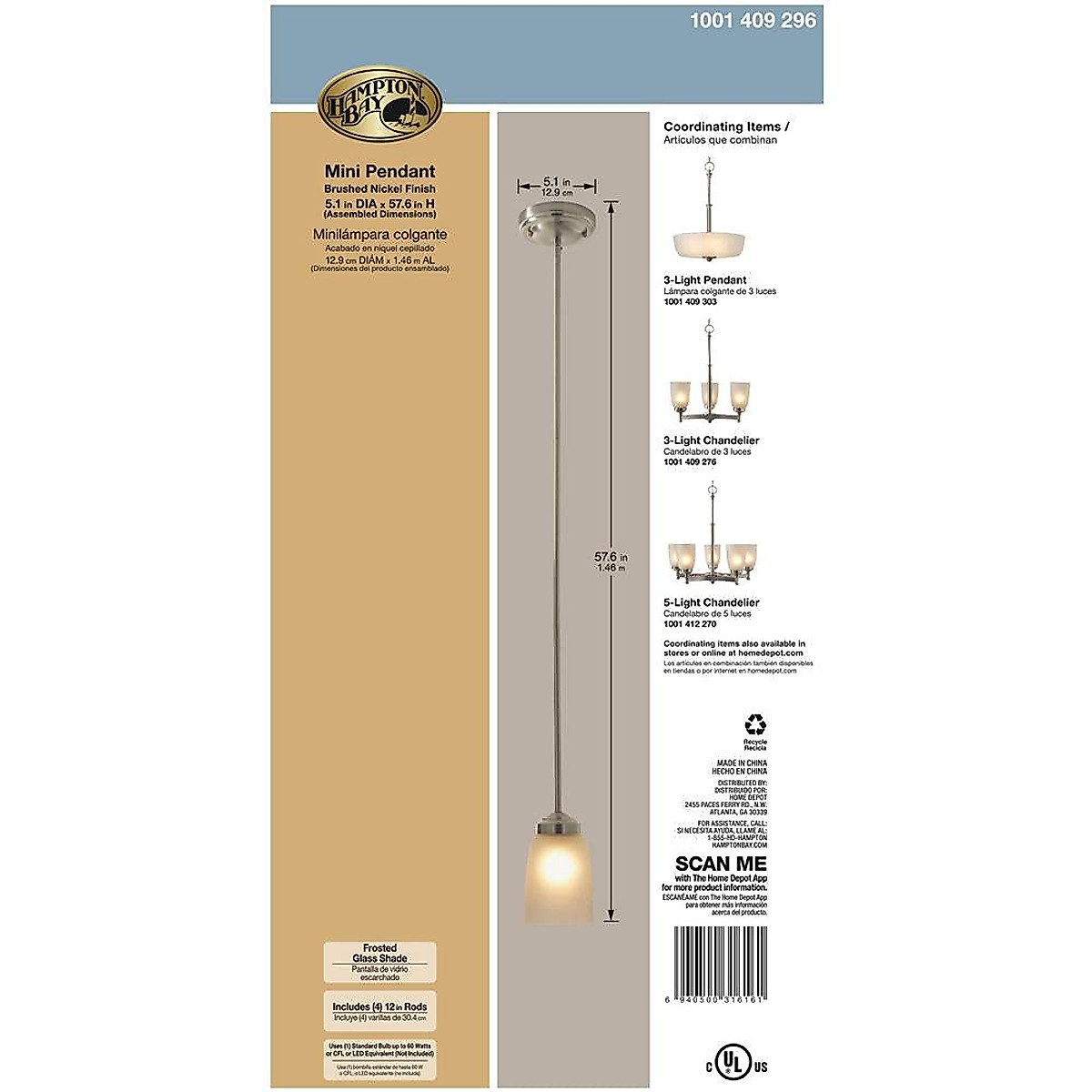 Hampton Bay 1-Light Brushed Nickel Mini Pendant