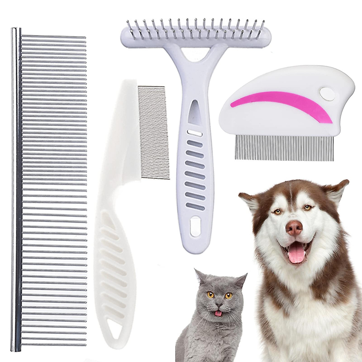 Cdycam Tear Stain Remover Combs, Professional Pet Stainless Steel Grooming Brush, Undercoat Rake and Flea Dog Cat Combs, Effectively Clean Mucus and Stains (4 Packs)